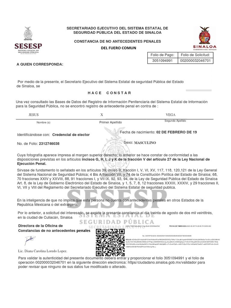 Constancia de No Antecedentes Penales Sinaloa | PDF