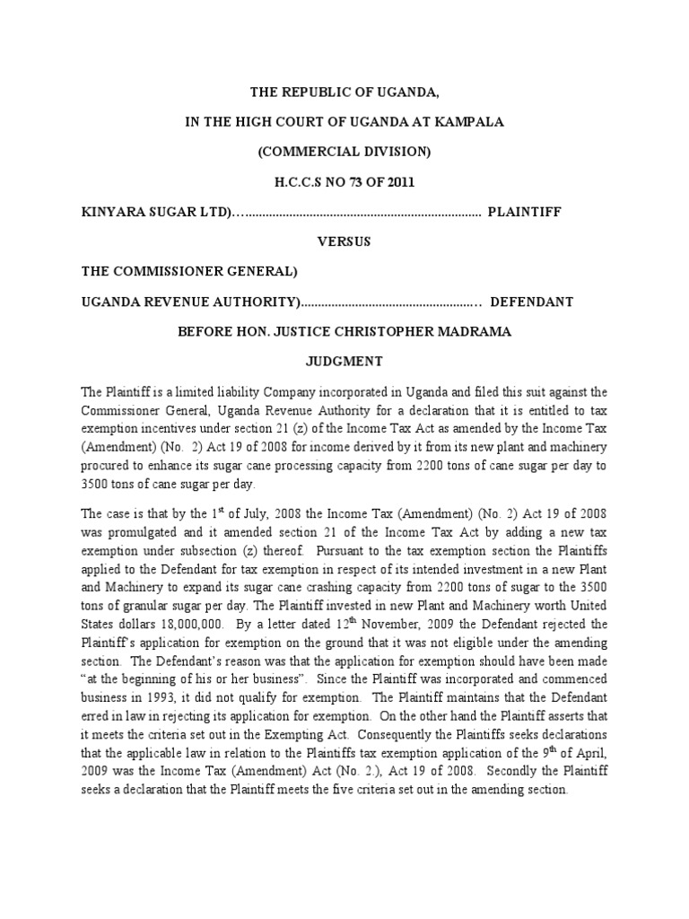 Kinyara Sugar LTD V URA | PDF