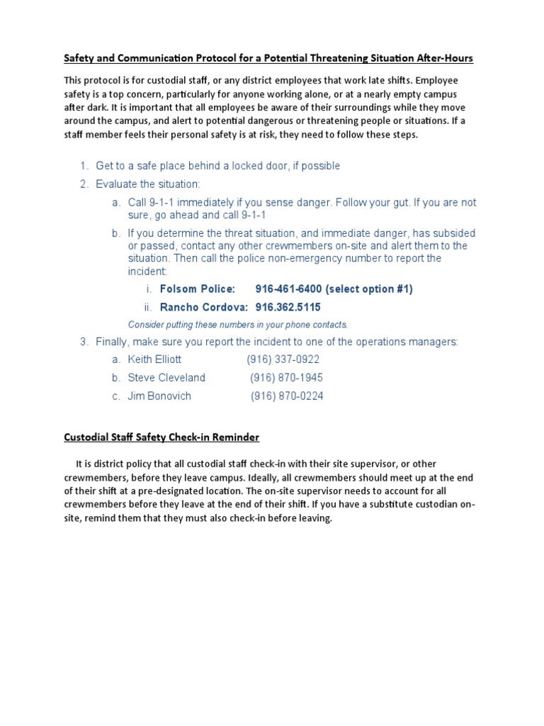 After-Hours Safety Protocol for Staff | PDF