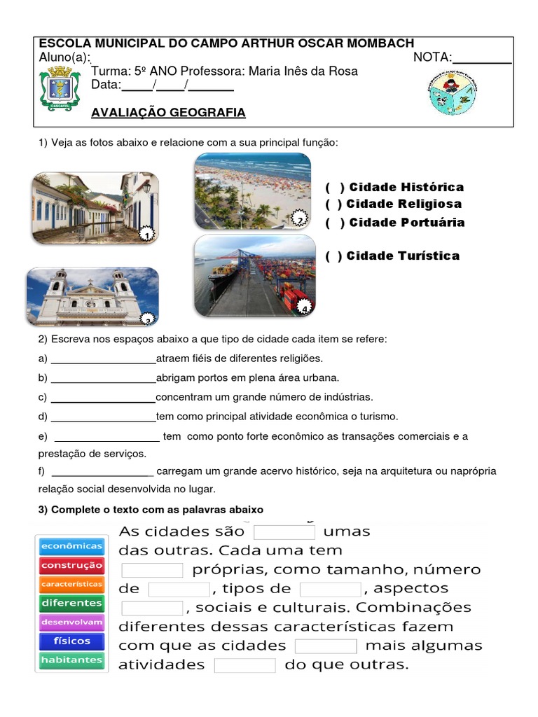 Avaliação Geografia Funções Da Cidade | PDF