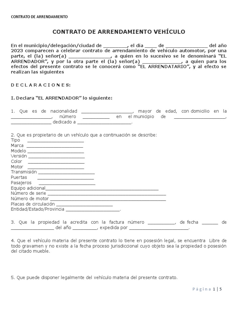 Contrato De Arrendamiento Vehicular