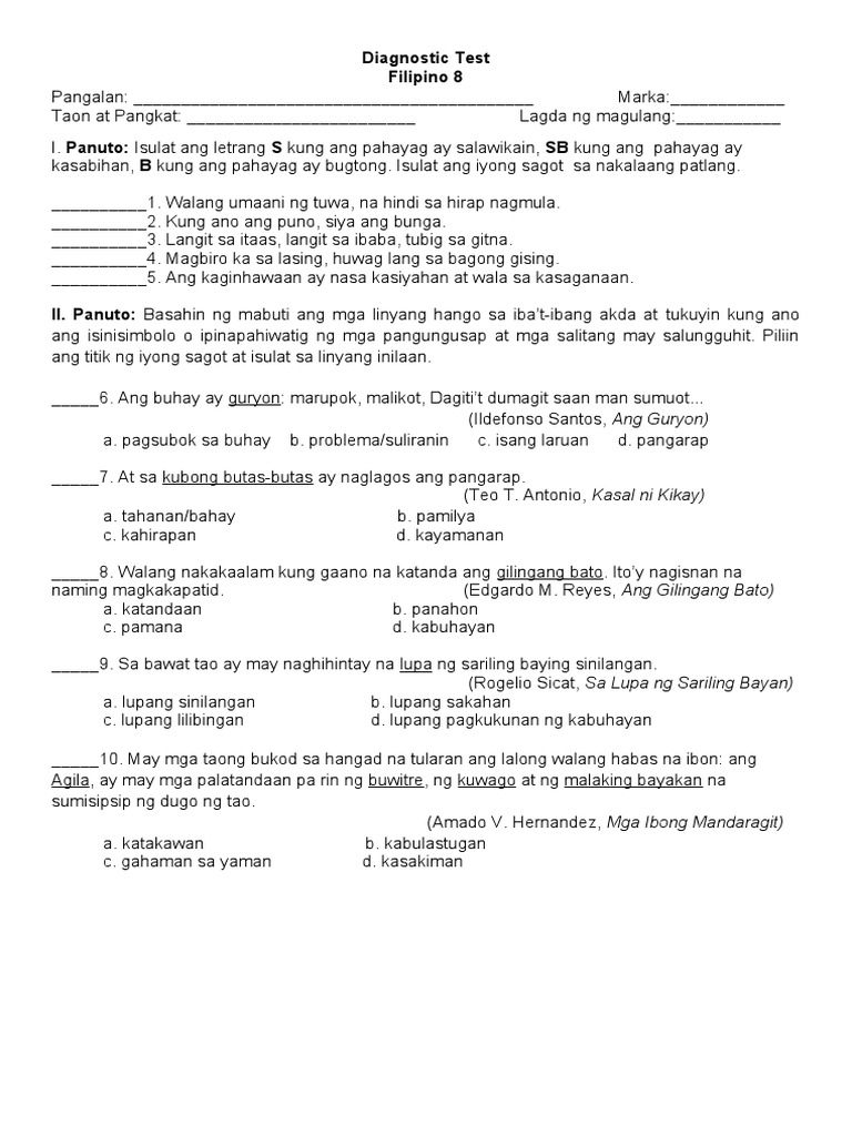 Diagnostic Test Filipino 8 | PDF