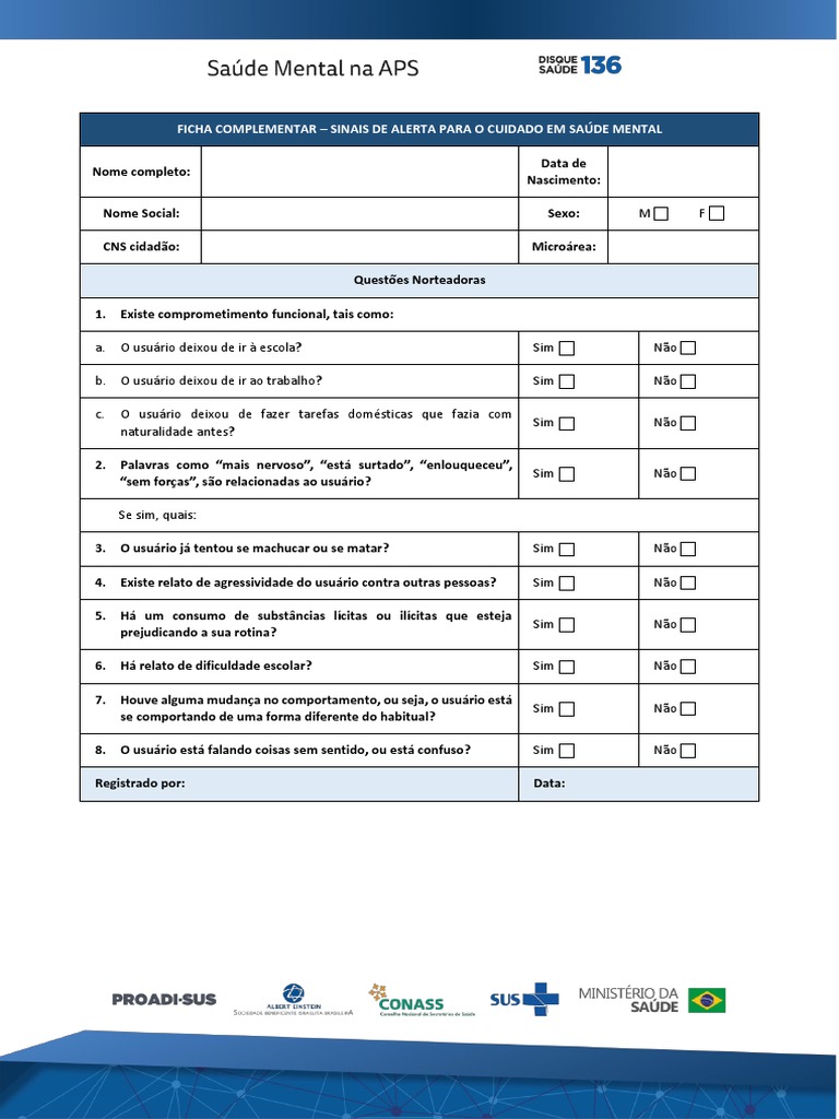 Ficha Complementar - Sinais de Alerta para o Cuidado em Saúde Mental | PDF
