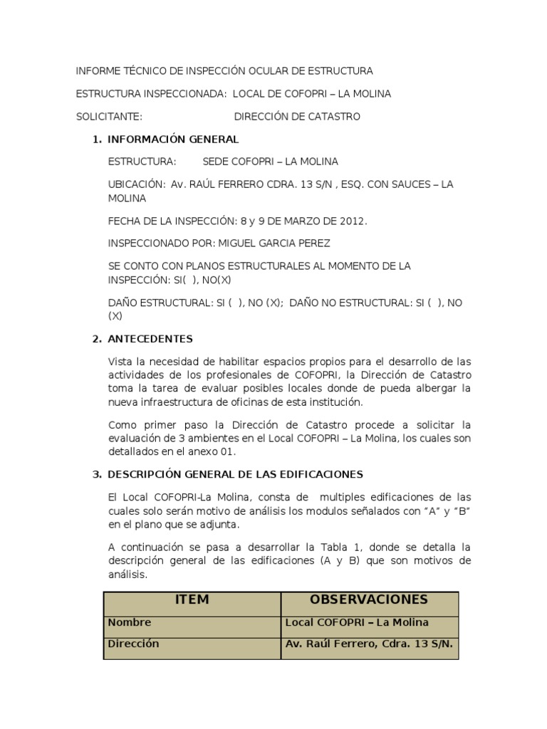 Informe Tecnico de Inspeccion Ocular de Estructura Local LA MOLINA ... Informe Tecnico de Inspeccion Ocular de Estructura Local LA MOLINA ...