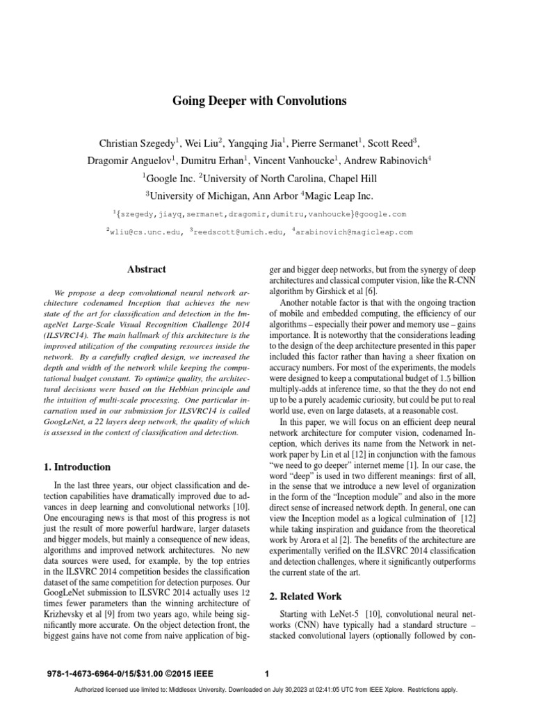 Going Deeper With Convolutions Pdf Deep Learning Cybernetics