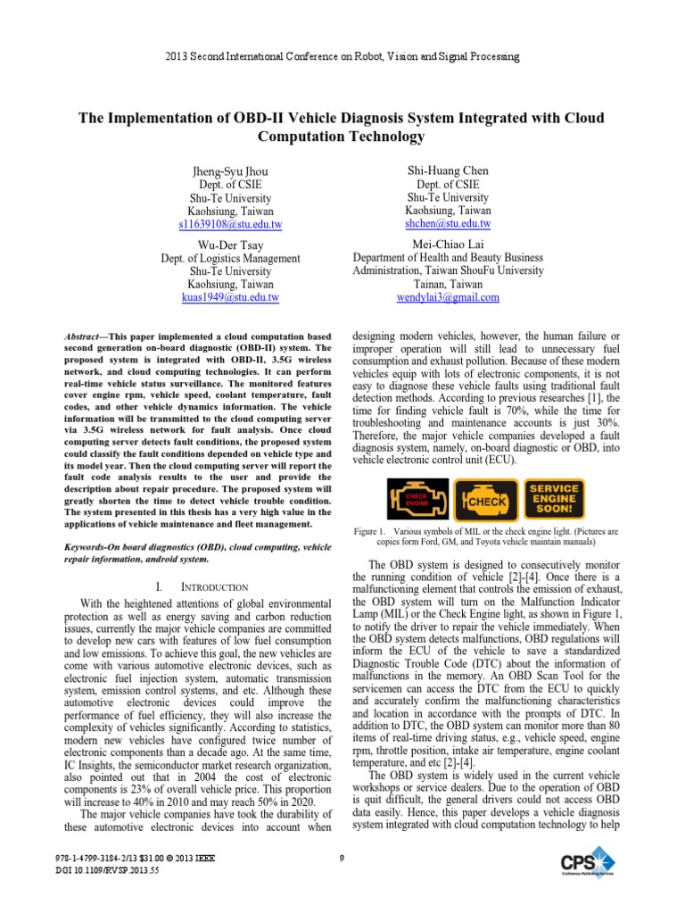The Implementation of OBD-II Vehicle Diagnosis System Integrated With Cloud Computation ...