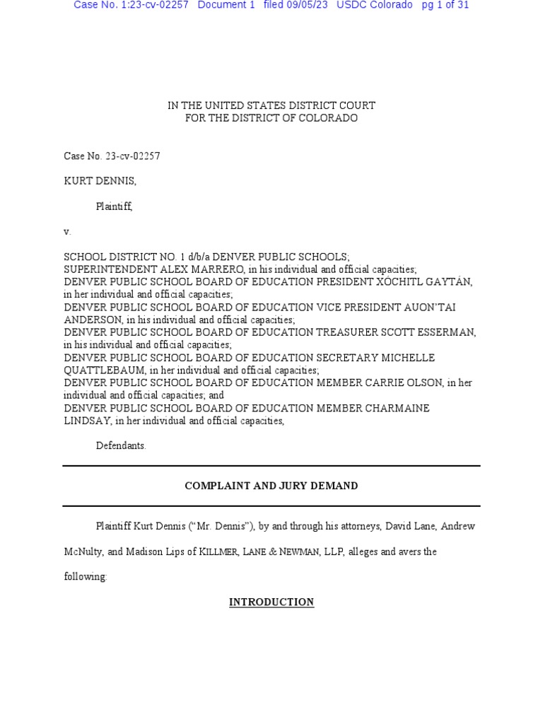 Kurt Dennis v. Denver Public Schools Lawsuit | PDF | Damages | First ...