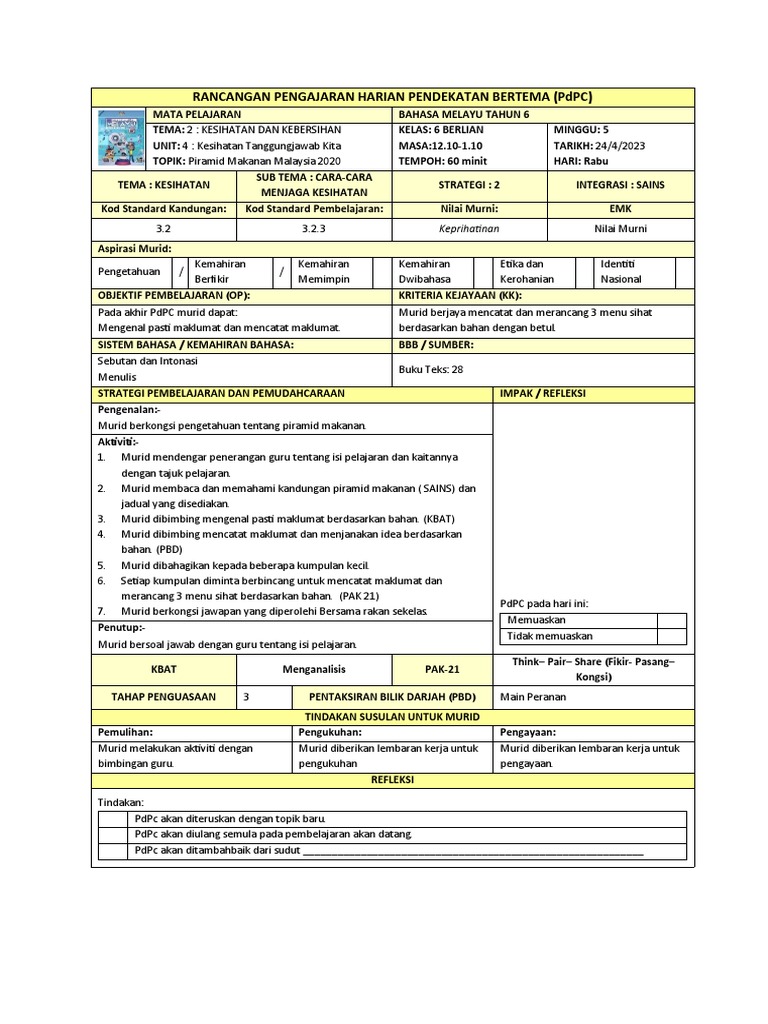 4. CONTOH RANCANGAN PENGAJARAN HARIAN PENDEKATAN BERTEMA BM | PDF