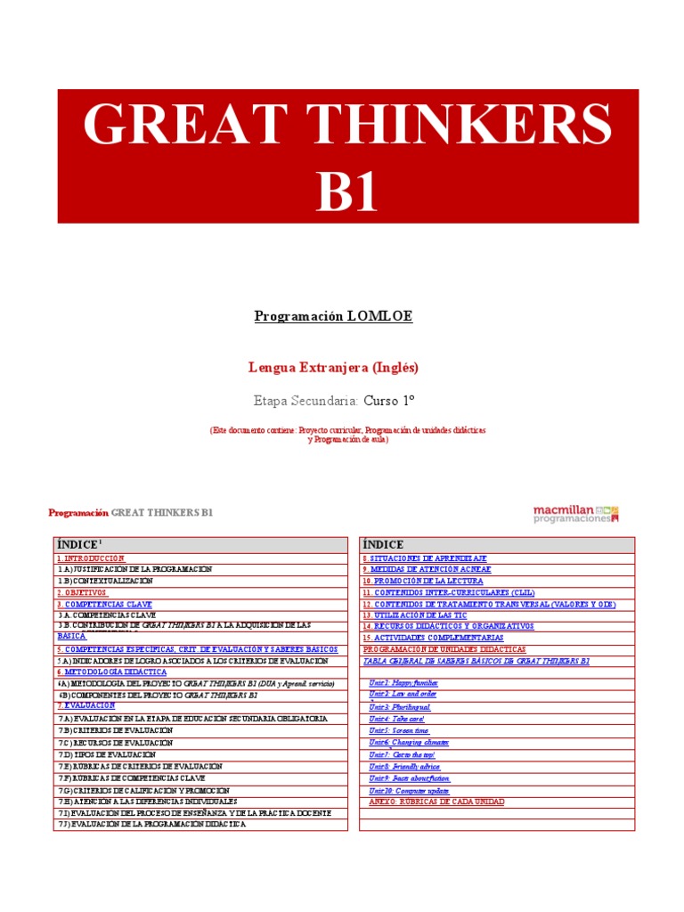 Great Thinkers b1 Eso1 2 Programaci N Lomloe Castellano | PDF | Educación primaria | Plan de ...