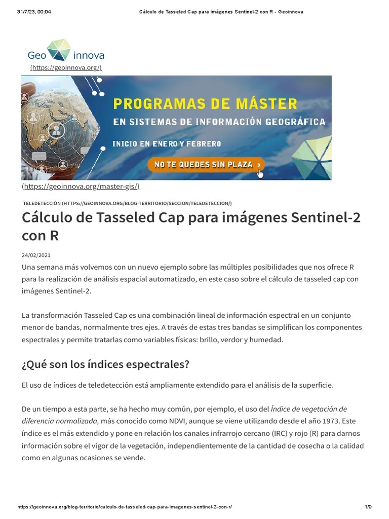 Cálculo de Tasseled Cap para Imágenes Sentinel-2 Con R | PDF