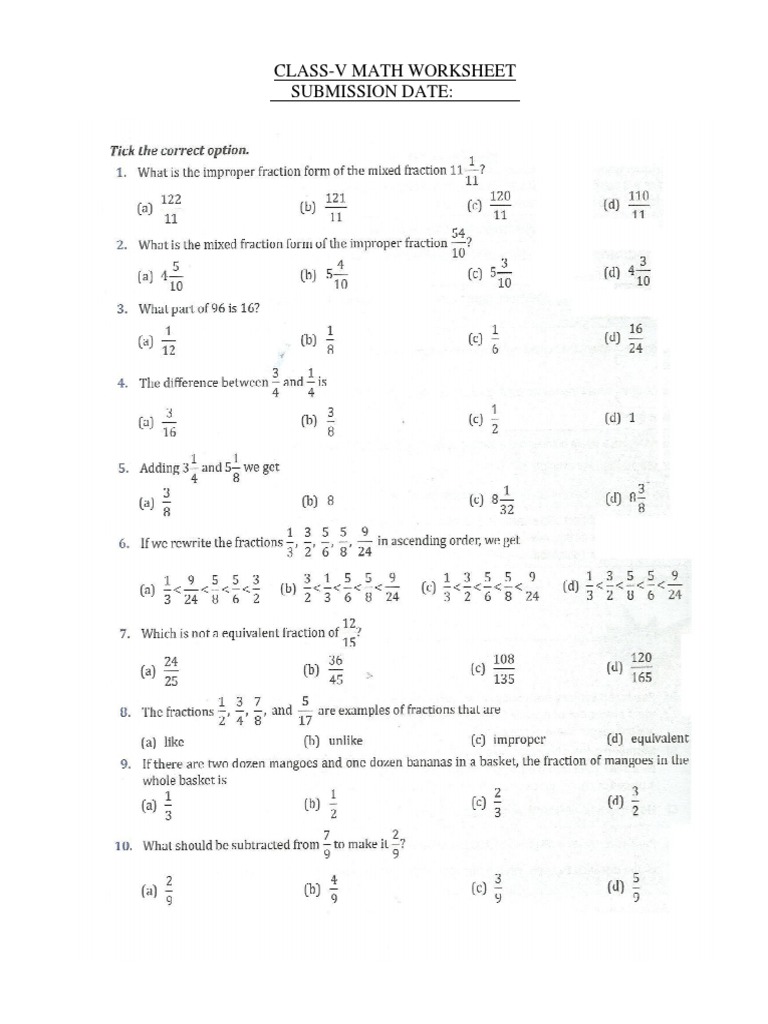 CBSE Class 5 Mathematics Worksheet - Fractions | PDF
