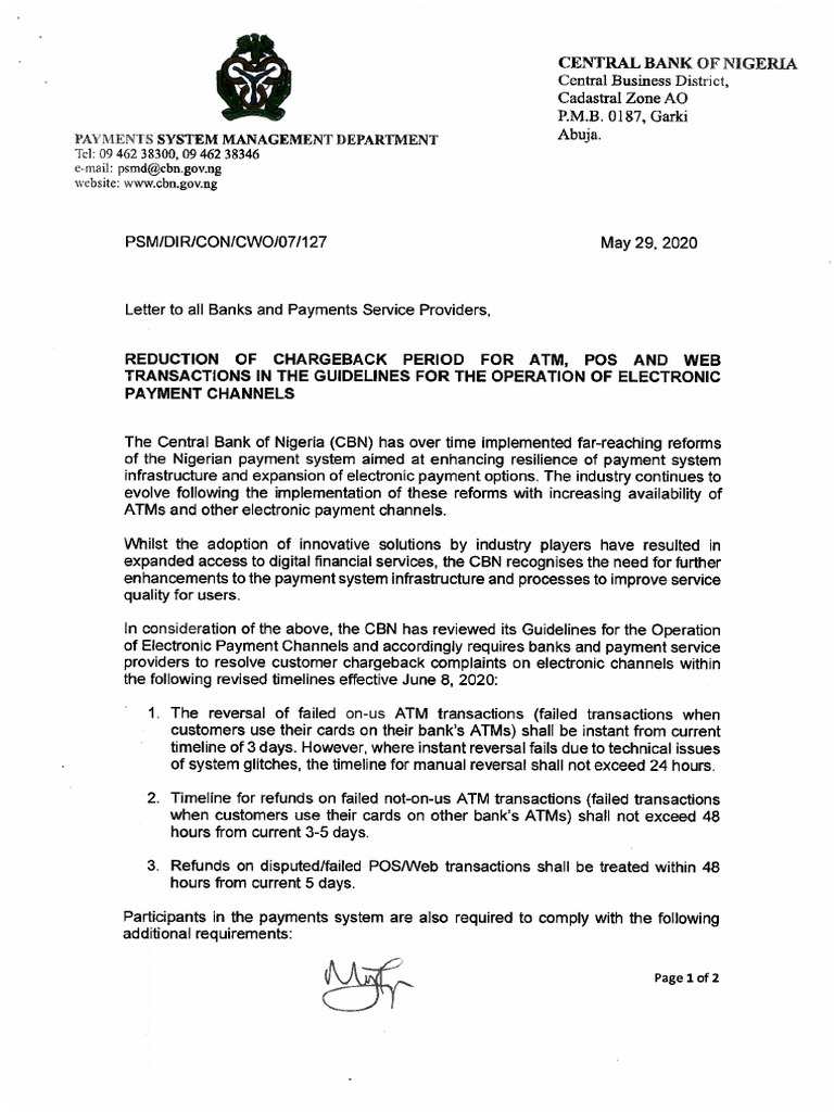 Circular On Reduction of Chargeback Period For Atm Pos and Web ...