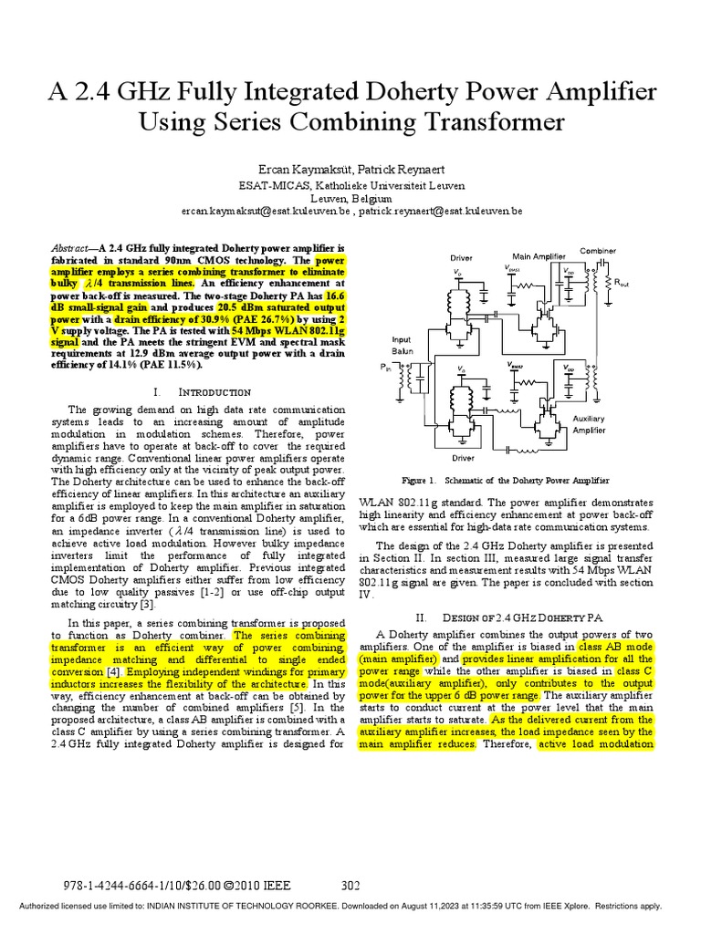 A 2.4 GHZ Fully Integrated Doherty Power Amplifier Using Series Combining Transformer | PDF ...