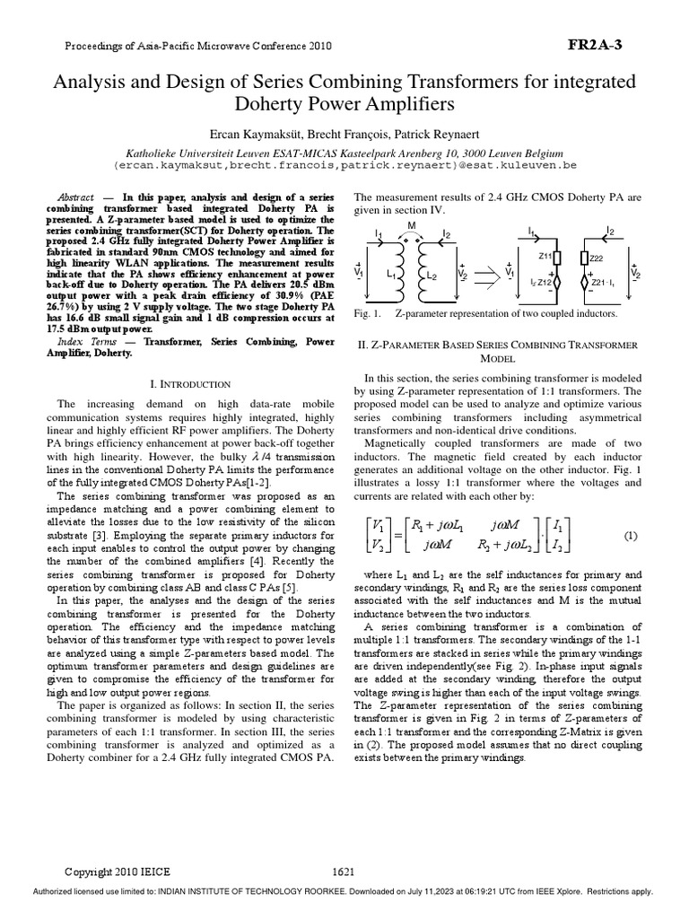 Analysis and Design of Series Combining Transformers For Integrated Doherty Power Amplifiers ...