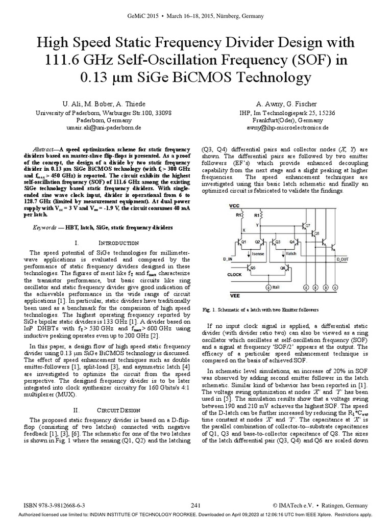 High Speed Static Frequency Divider Design With 111.6 GHZ Self-Oscillation Frequency SOF in 0.13 ...