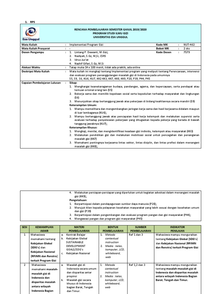 RPS Implementasi Program Gizi 2019/2020 | PDF