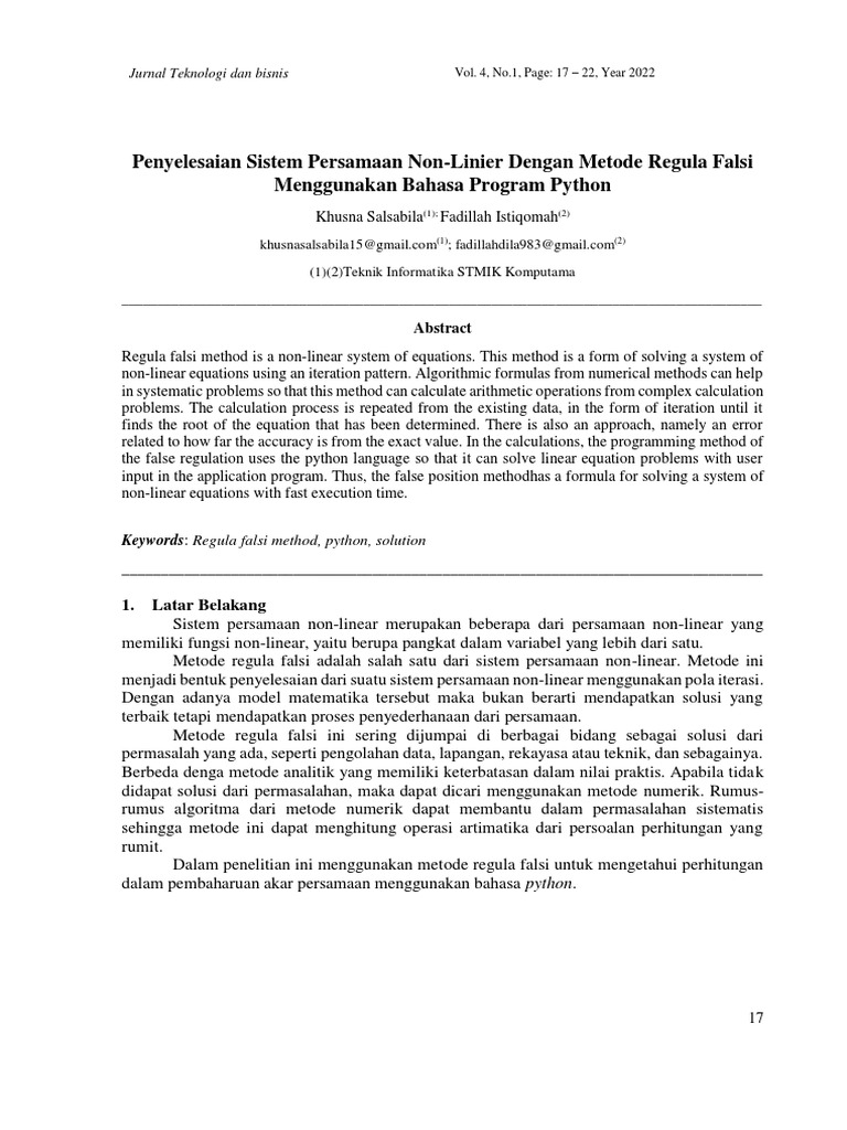 Penyelesaian Sistem Persamaan Non-Linier Dengan Metode Regula Falsi ...