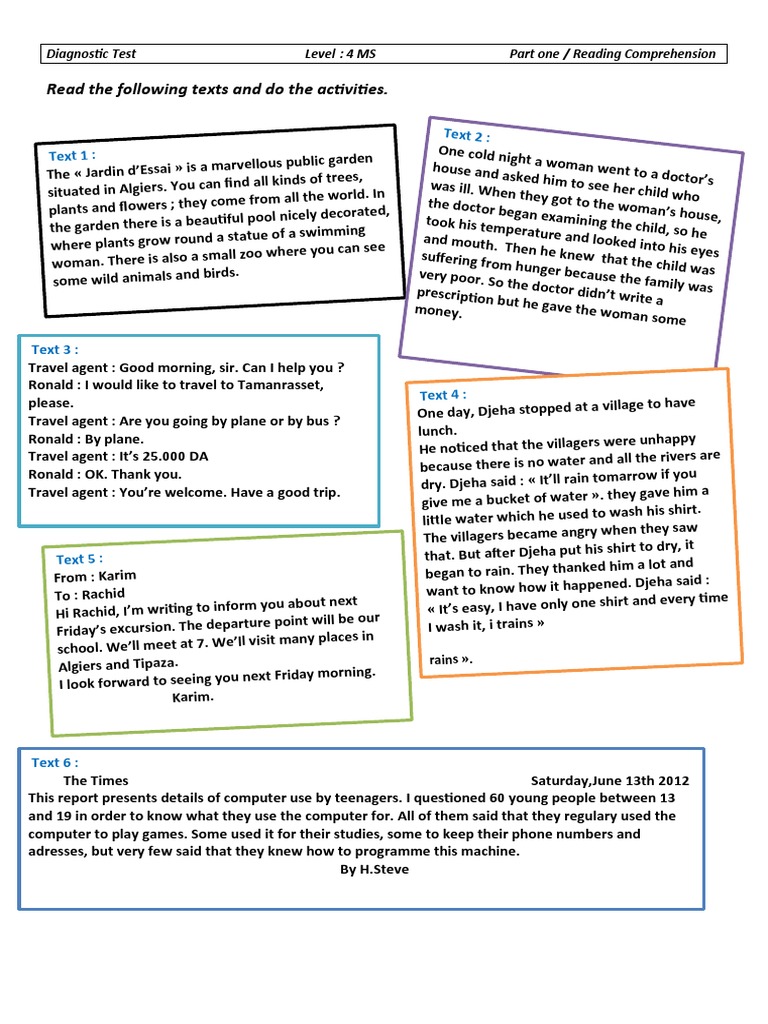 Diagnostic Test Reading Comprehension Exercises Tests 27177 3 | PDF
