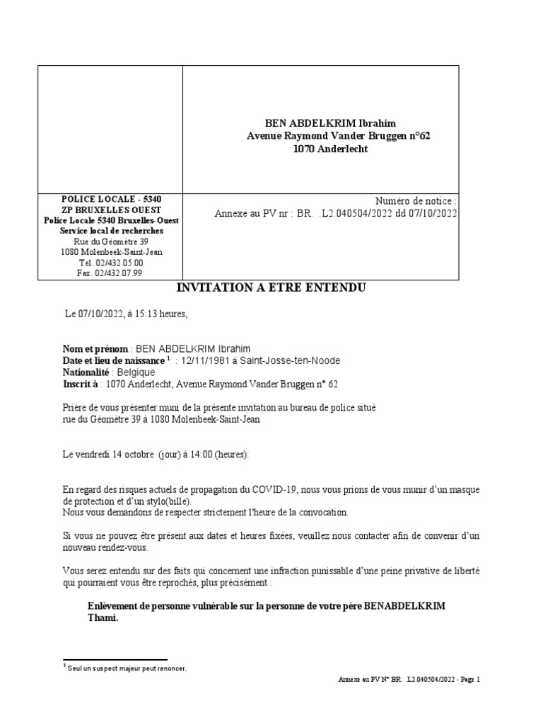 Convocation à audition police Belgique | PDF | Avocat | Aide juridique