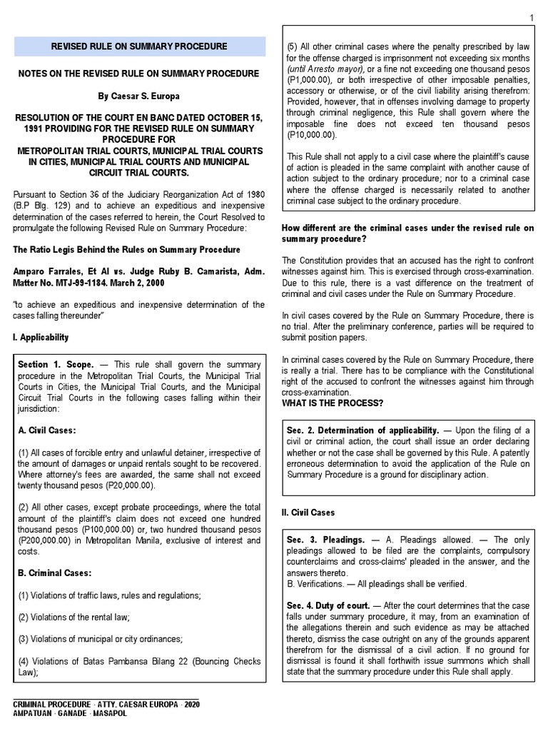 Revised Summary Procedure Rules Explained | PDF | Complaint | Summary ...