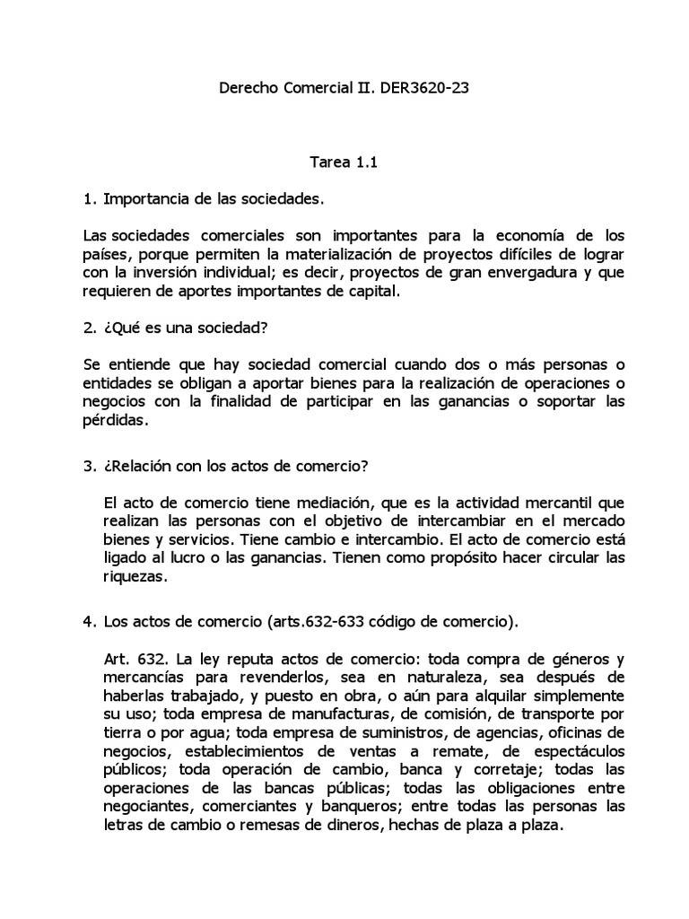 Derecho Comercial II. Tarea 1.1 | PDF | Comercio | Sociedad