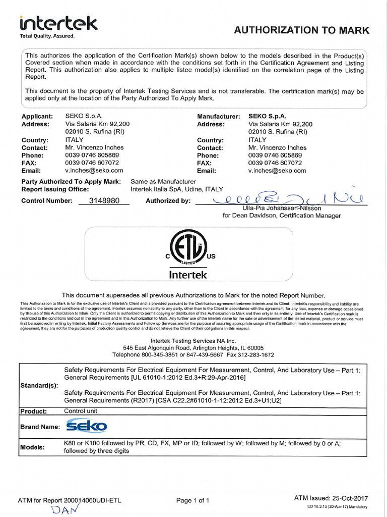 Product Certification ETL Mark Kontrol 100 | PDF