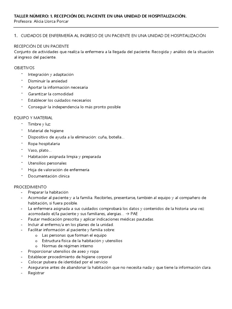 Recepción Del Paciente en Una Unidad de Hospitalización. Seminarios 4 Enfermeria Uv | PDF ...