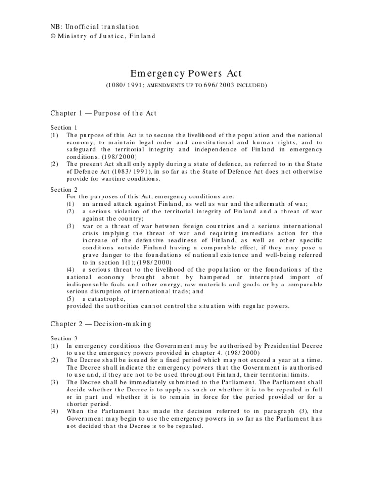 Emergency Powers Act: Chapter 1 - Purpose of The Act | PDF | Insurance ...