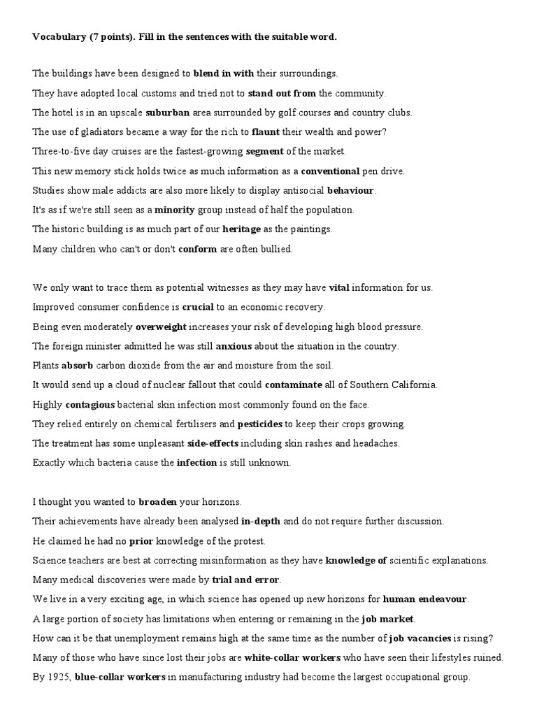 Vocabulary (7 Points) - Fill in The Sentences With The Suitable Word | PDF