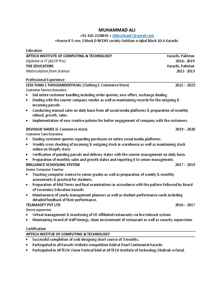 Resume Muhammad Ali | PDF | Karachi | E Commerce
