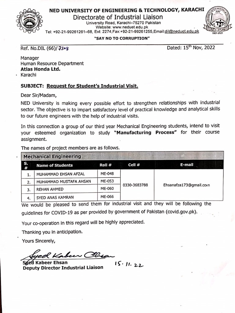 Industrial Visit Letter | PDF