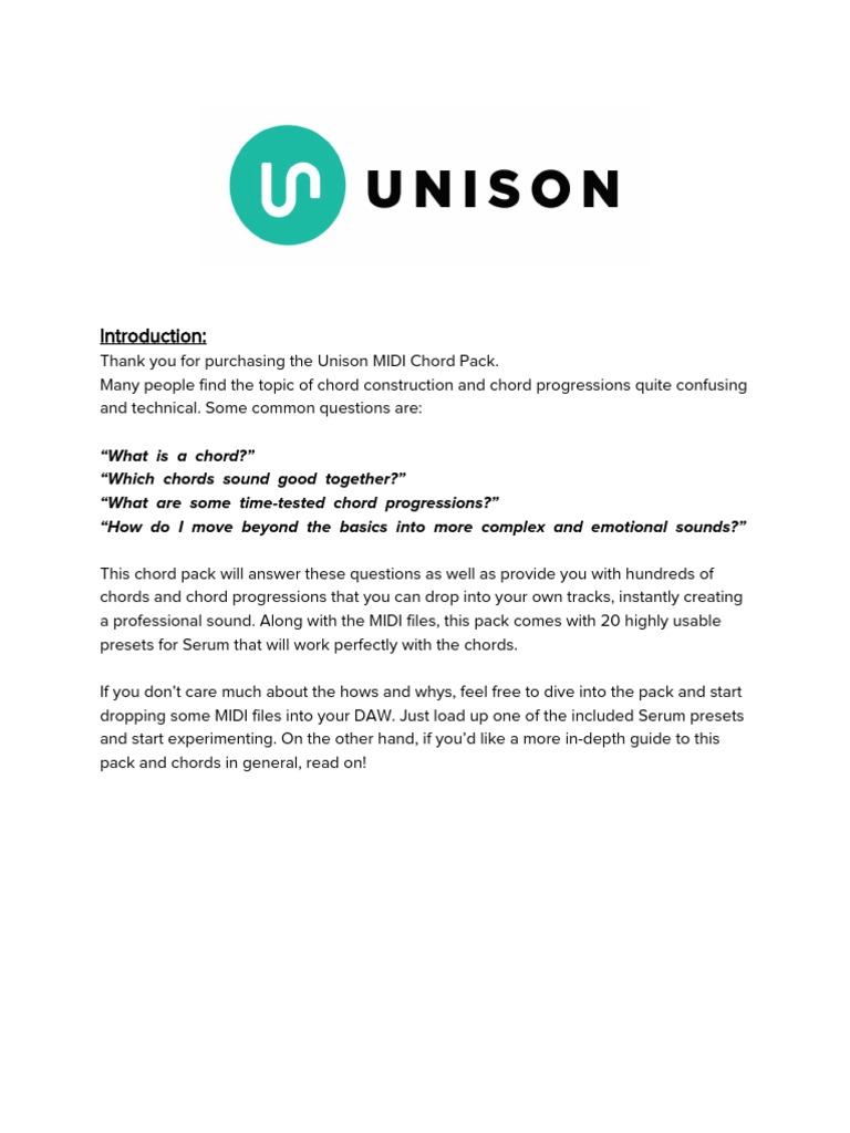 Unison Midi Chord Pack Instructional Walkthrough Pdf Chord Music