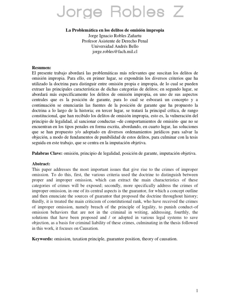 La Problematica en Los Delitos de Omision Impropia Jorge Robles | PDF