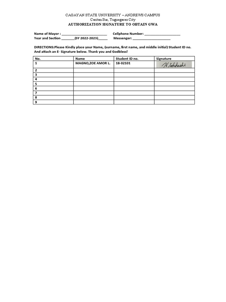 Authorization Signature To Obtain Gwa (Insert Year and Section Here ...