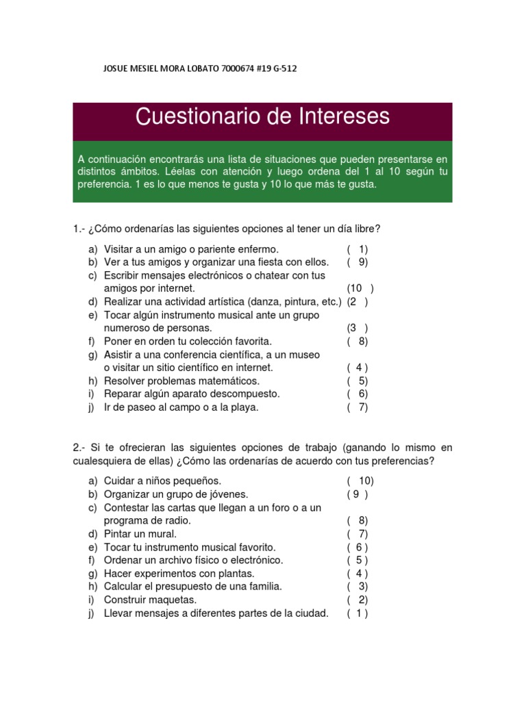 Cuestionario de Intereses JMML | PDF
