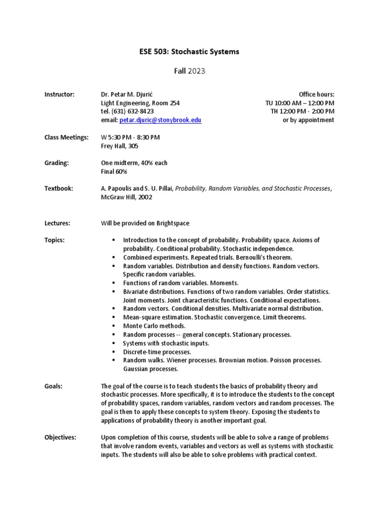 ESE503 Syllabus Fall2023 | PDF | Stochastic Process | Probability Distribution