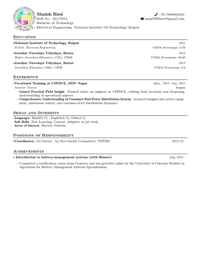 MNIT Jaipur Resume Template | PDF