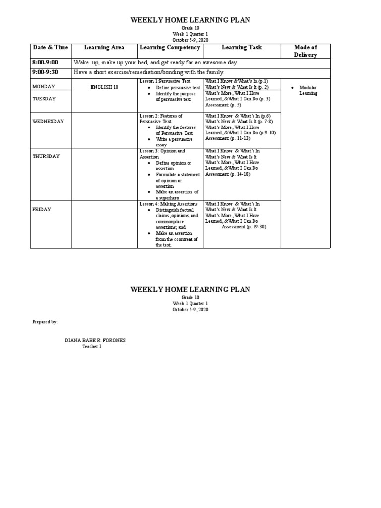 WEEKLY HOME LEARNING PLAN in English | PDF | Learning | Human Communication