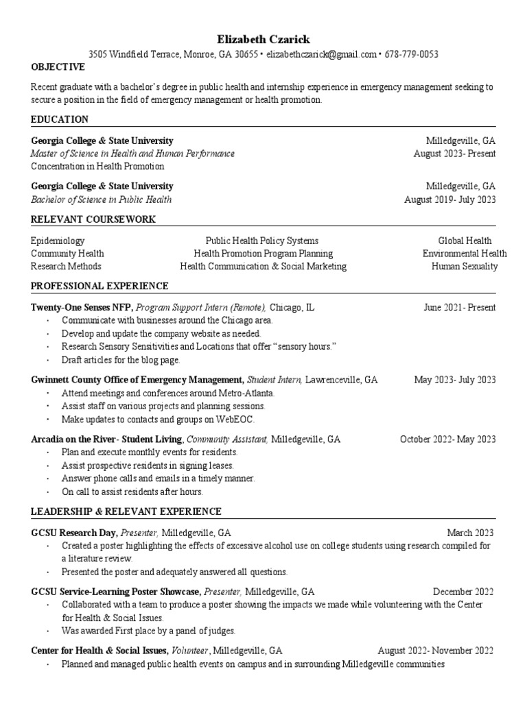 Public Health Graduate Resume | PDF | Career & Growth