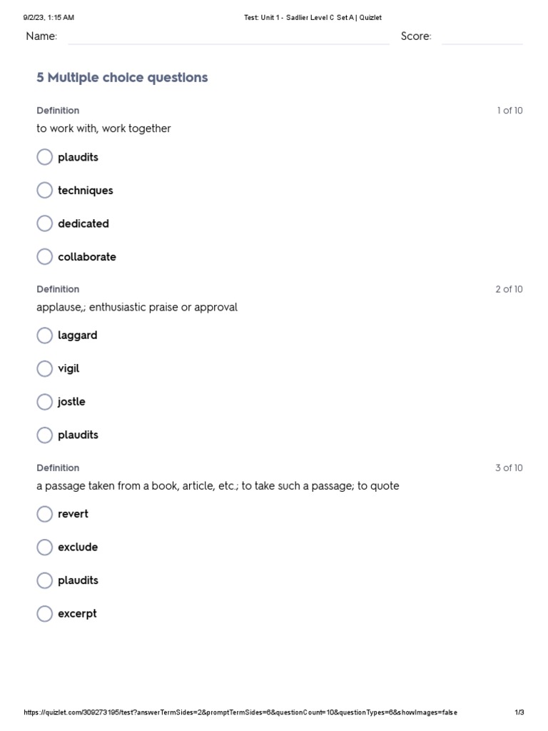 Test - Unit 1 - Sadlier Level C Set A - Quizlet | PDF