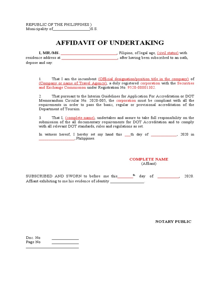 Affidavit of Undertaking for DOT Accreditation | PDF