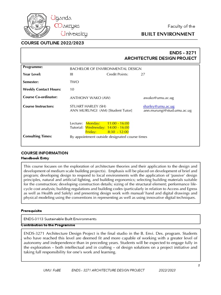 ENDS 3271 Architecture Design Project - Course Outline - EUI 2023 | PDF | Design | Health Care