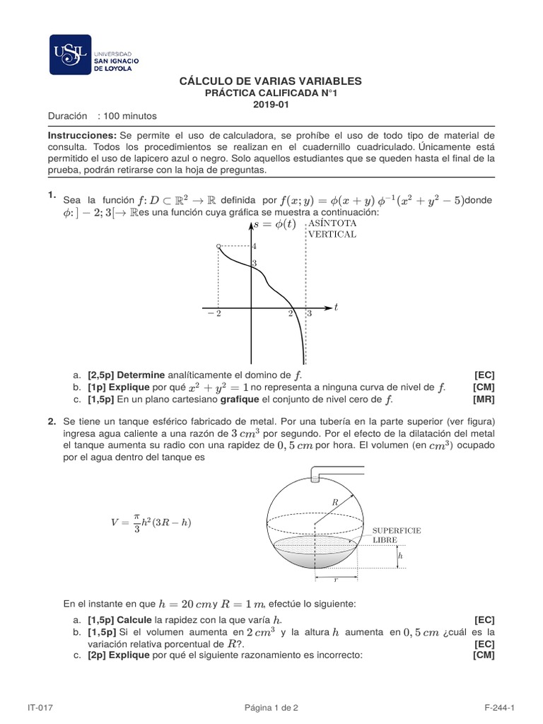 Práctica Calificada de Cálculo Multivariable | PDF | Función (Matemáticas) | Conceptos matemáticos