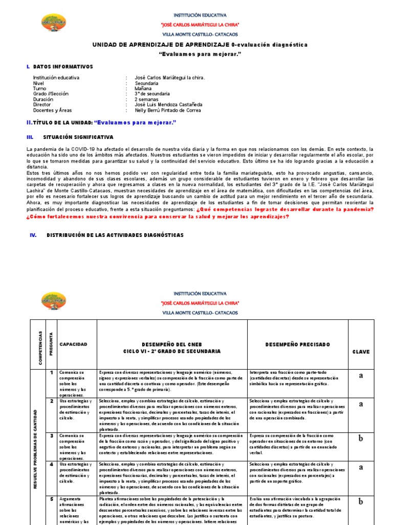 Unidad De Aprendizaje 0 Evaluación Diagnóstica Pdf Números Número 8107