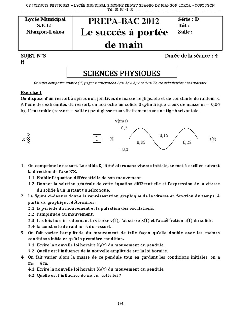 Examen de Sciences Physiques - Lycée Gbagbo | PDF | Pendule (physique) | Grandeur physique