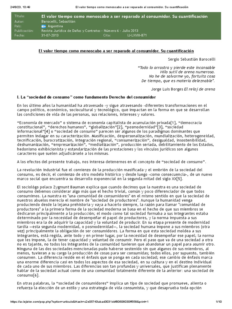 El Valor Tiempo Como Menoscabo A Ser Reparado Al Consumidor. Su ...