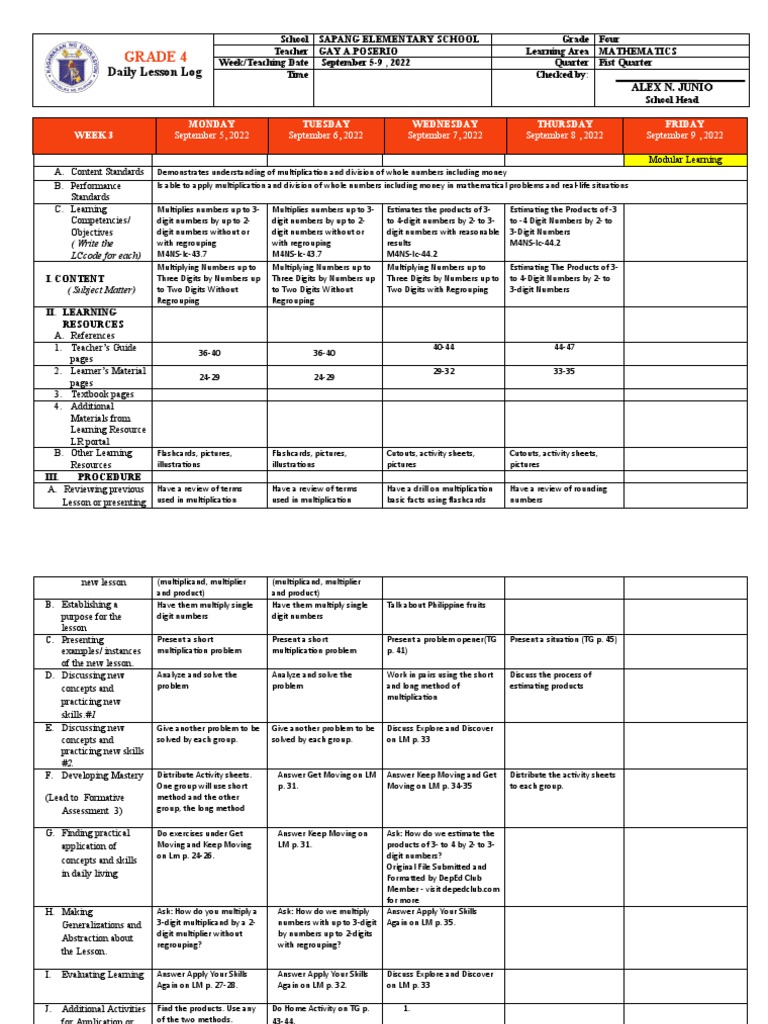 Grade 4 Math DLL Week 3 Overview | PDF | Multiplication | Learning