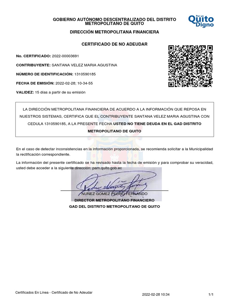 Certificado No Adeudar Municipio Quito | PDF