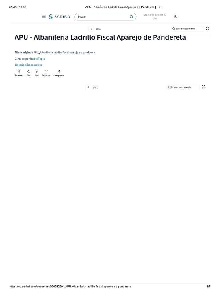 APU - Albañilería Ladrillo Fiscal Aparejo de Pandereta _ PDF | PDF ...