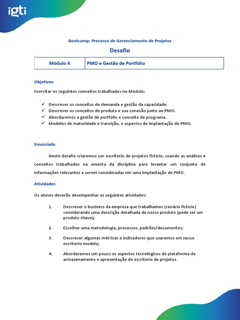 Enunciado Do Desafio - Módulo 4 - Bootcamp Gerente de Projetos | PDF